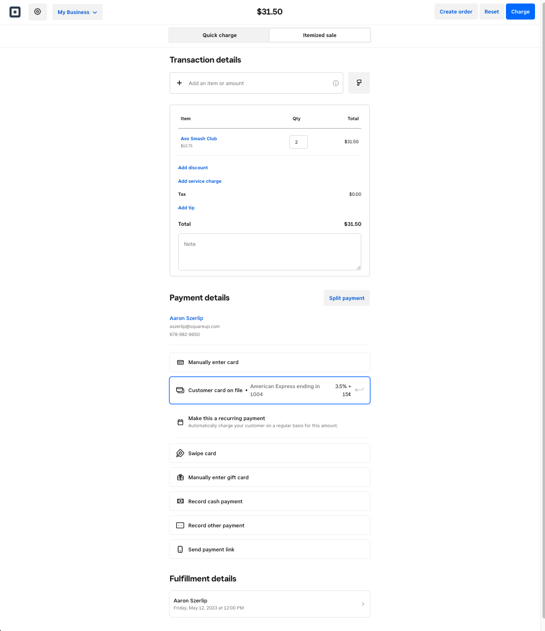 Create an open order with Square Virtual Terminal