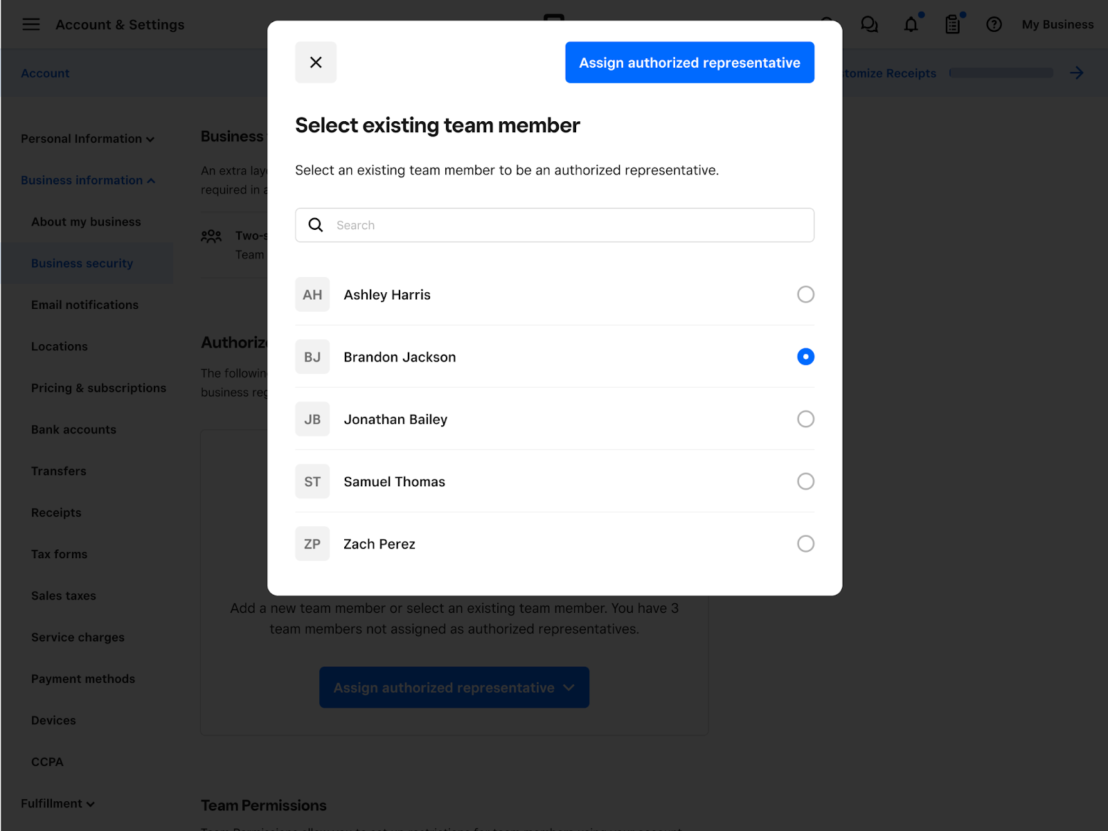 Authorized representatives for Square Support
