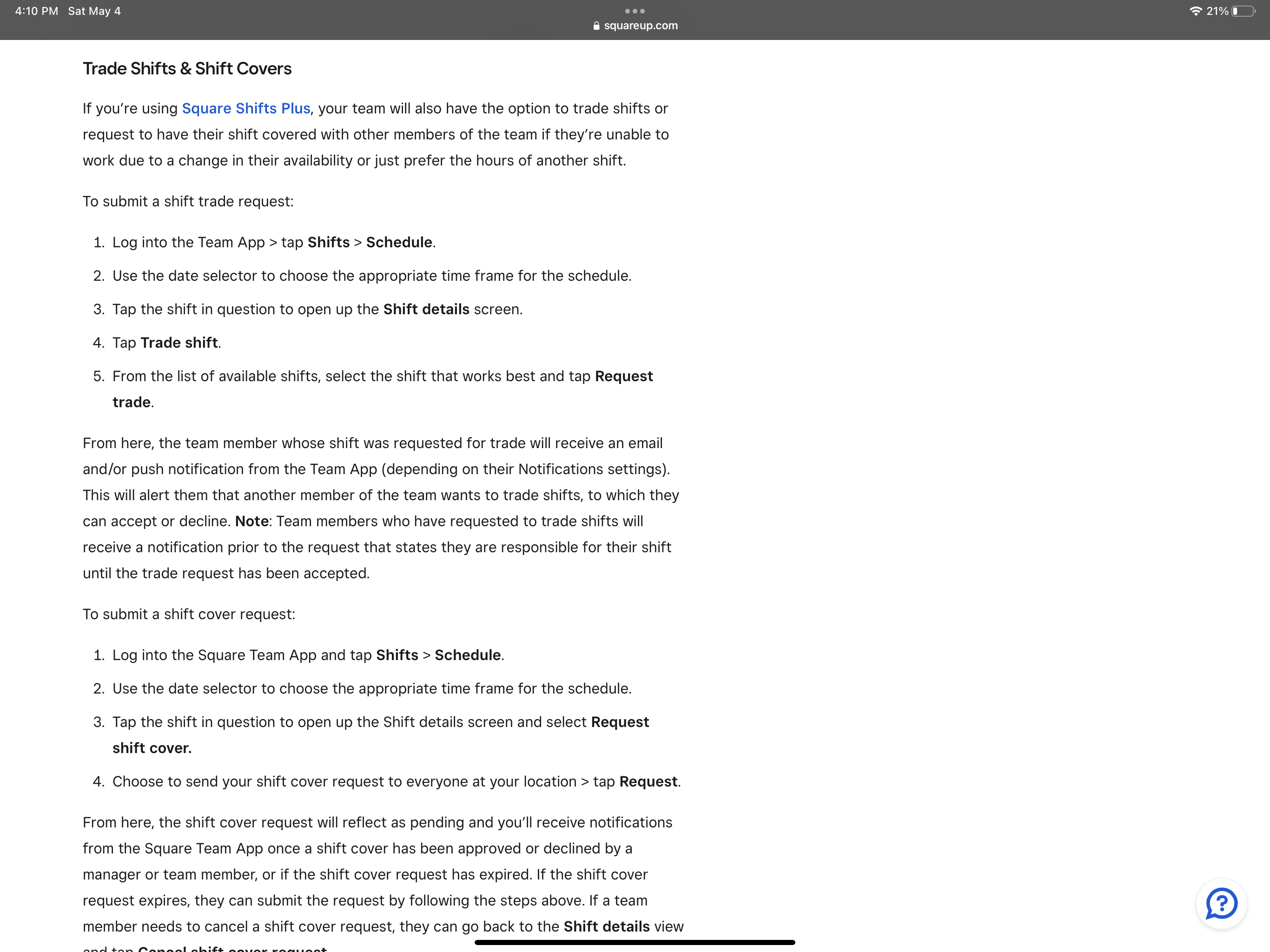 Solved: Square Teams App / Square Shifts - “cover shift” - The Square ...