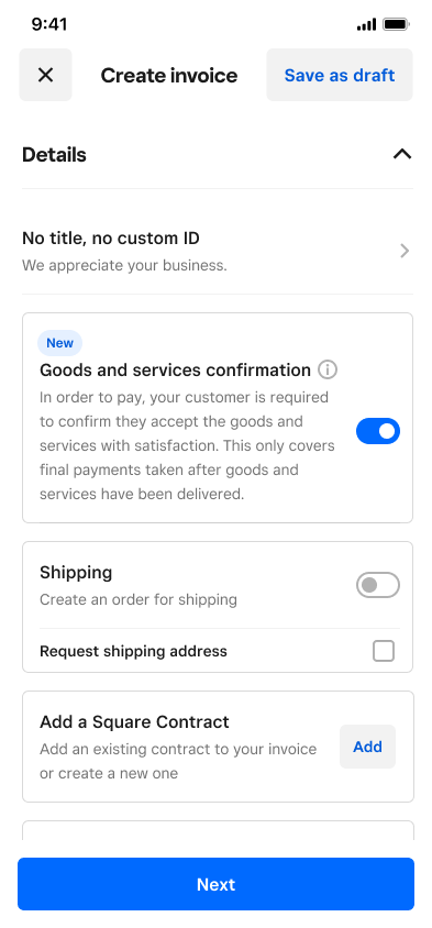 Goods and services confirmation on Square Invoices
