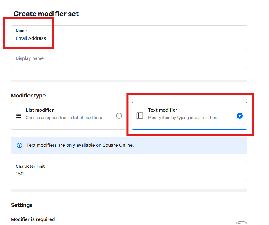 Solved: Created a modifier, can I include a text box with ... - The Square Community