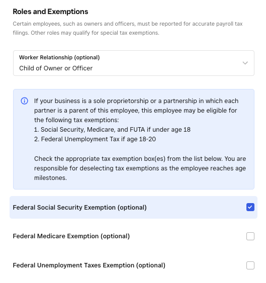 Square Payroll tax exemptions for family members and J-1 visa holders