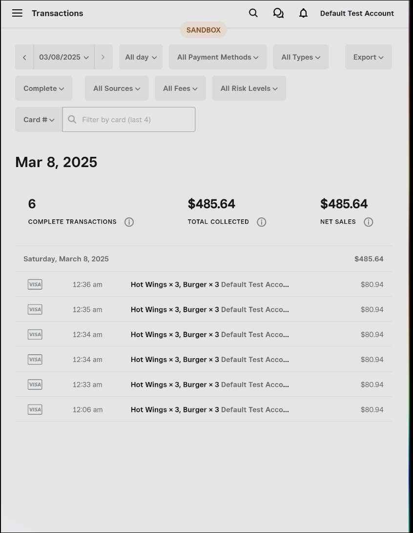 Square sandbox account not showing orders on dashb... - The Square Community